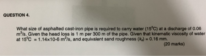 Solved QUESTION 4. What size of asphalted cast-iron pipe is | Chegg.com