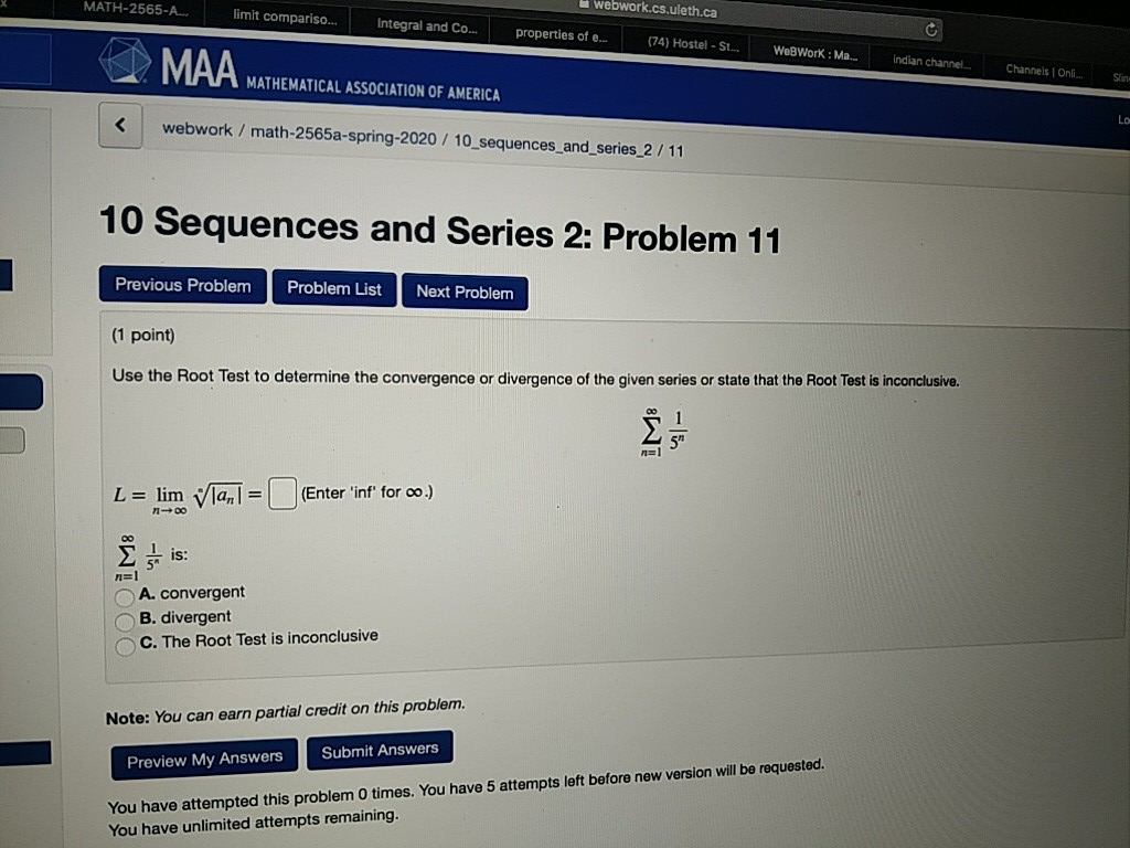 Solved MATH-2565-A. webwork.cs.uleth.ca limit compariso... | Chegg.com