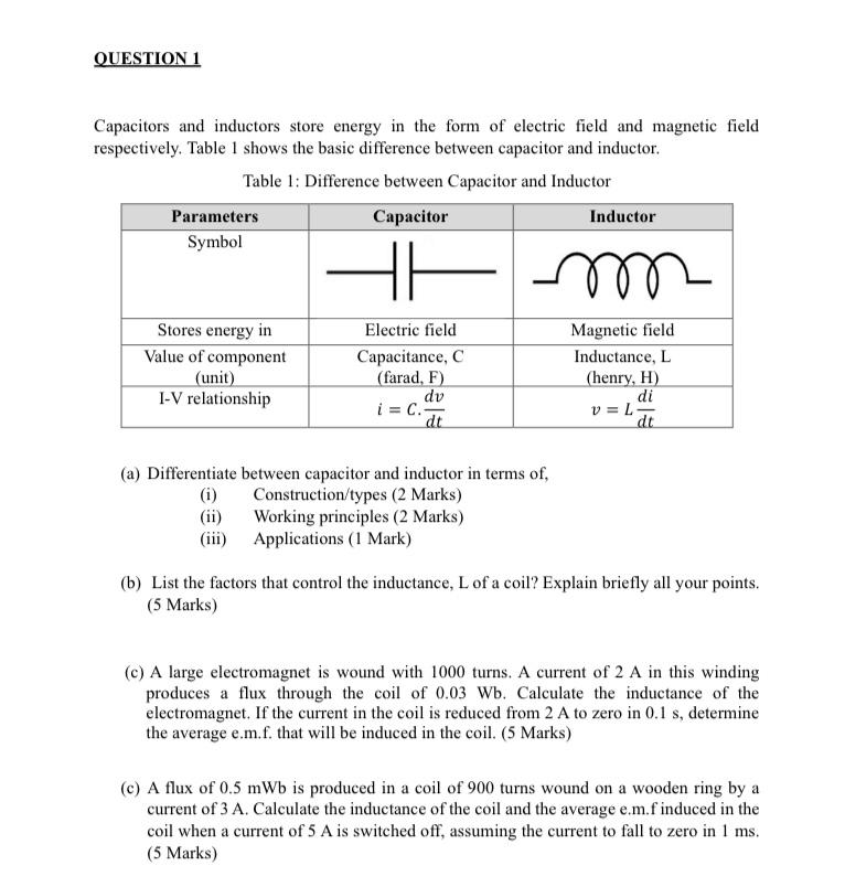 Solved QUESTION 1Capacitors and inductors store energy in | Chegg.com
