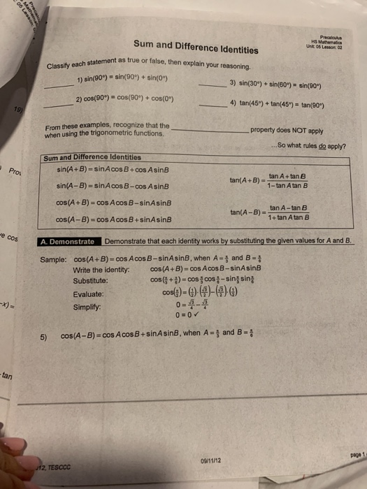 Solved Precaleulus HS Mathematics Unit 05 Les 02 Sum and | Chegg.com