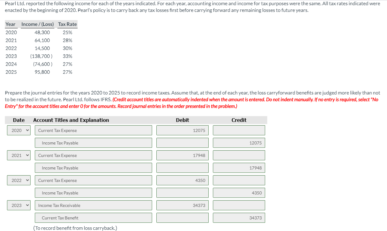 Solved Pearl Ltd. reported the following income for each of | Chegg.com