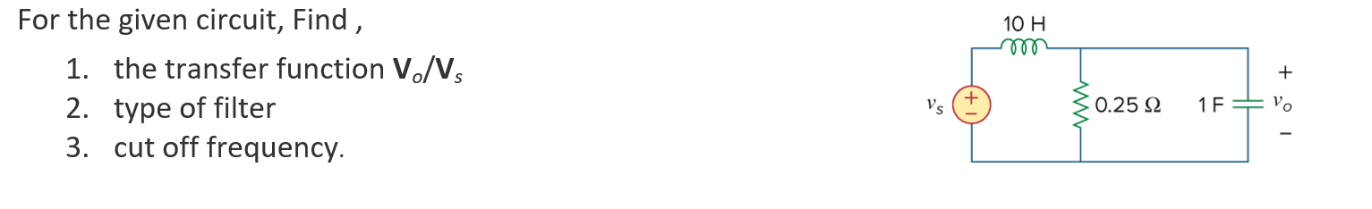 Solved For the given circuit, Find, 1. the transfer function | Chegg.com