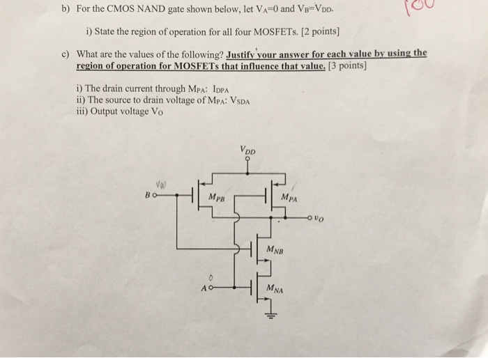 Solved For the CMOS NAND gate shown below, let V_A=0 and | Chegg.com