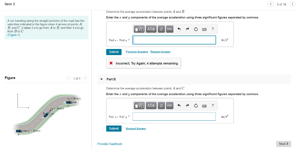 Solved Item 3 3 of 18> Determine the average acceleration | Chegg.com