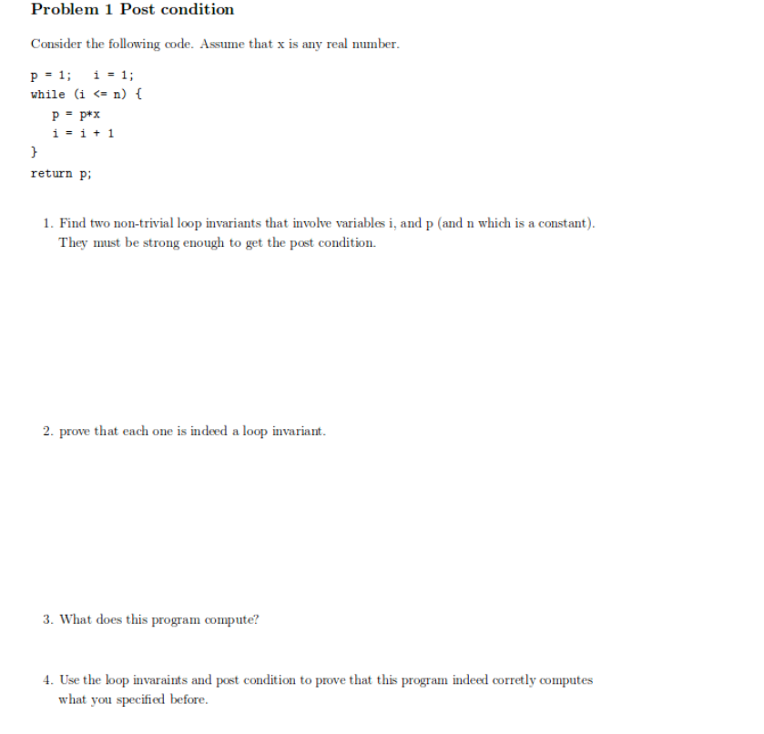 Problem 1 Post condition Consider the following code. | Chegg.com