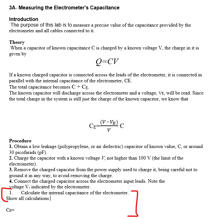 Solved 3A- Measuring the Electrometer's Capacitance | Chegg.com