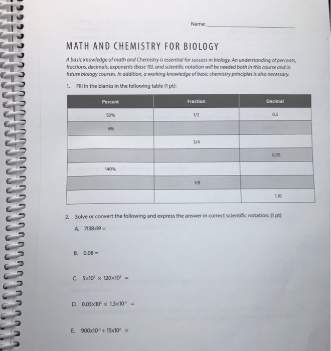 Solved Name MATH AND CHEMISTRY FOR BIOLOGY A basic knowledge | Chegg.com