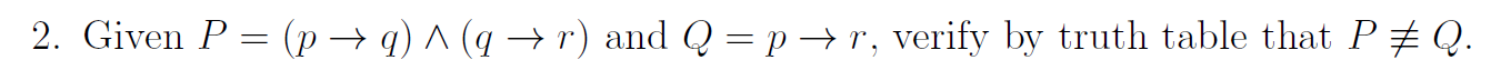 Solved 2. Given P=(p→q)∧(q→r) and Q=p→r, verify by truth | Chegg.com