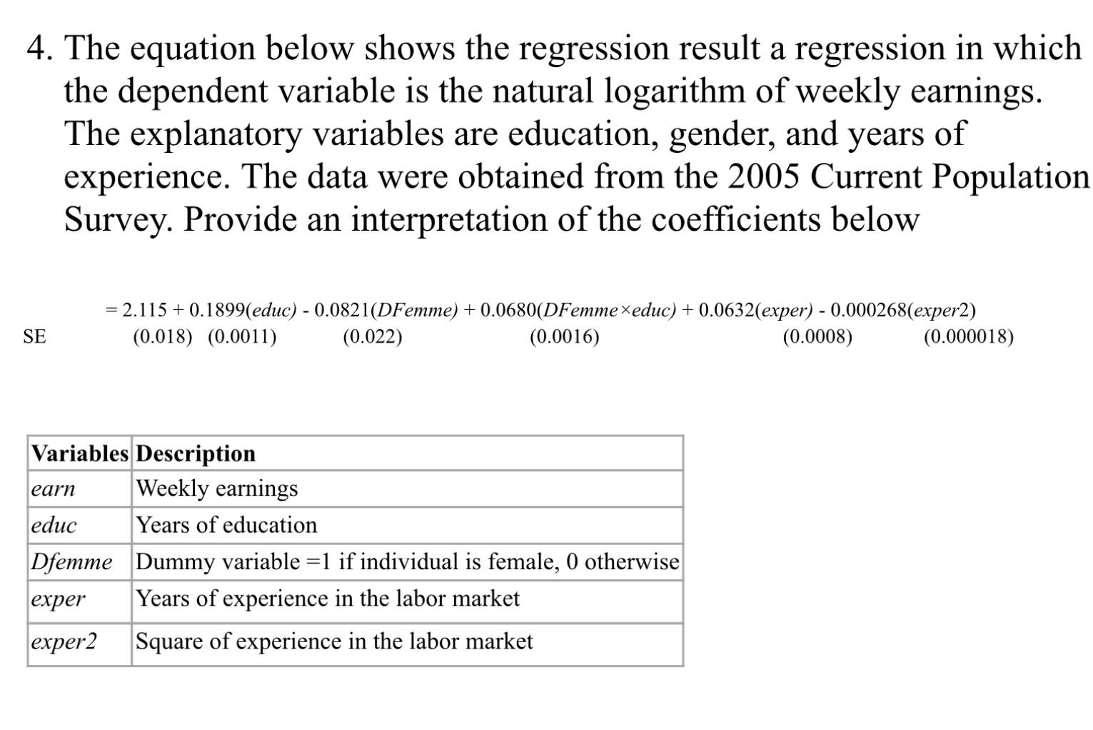Solved 4. The equation below shows the regression result a | Chegg.com