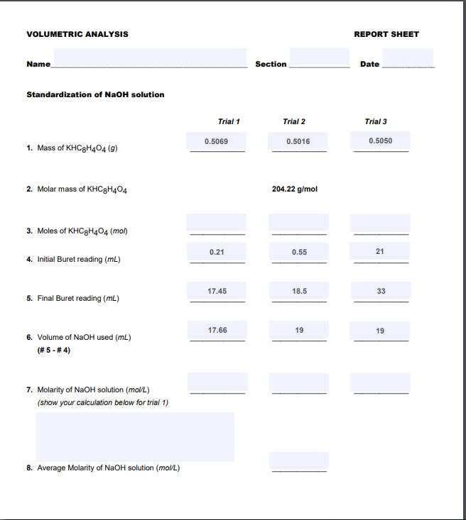 Solved VOLUMETRIC ANALYSIS REPORT SHEET Name Section Date | Chegg.com