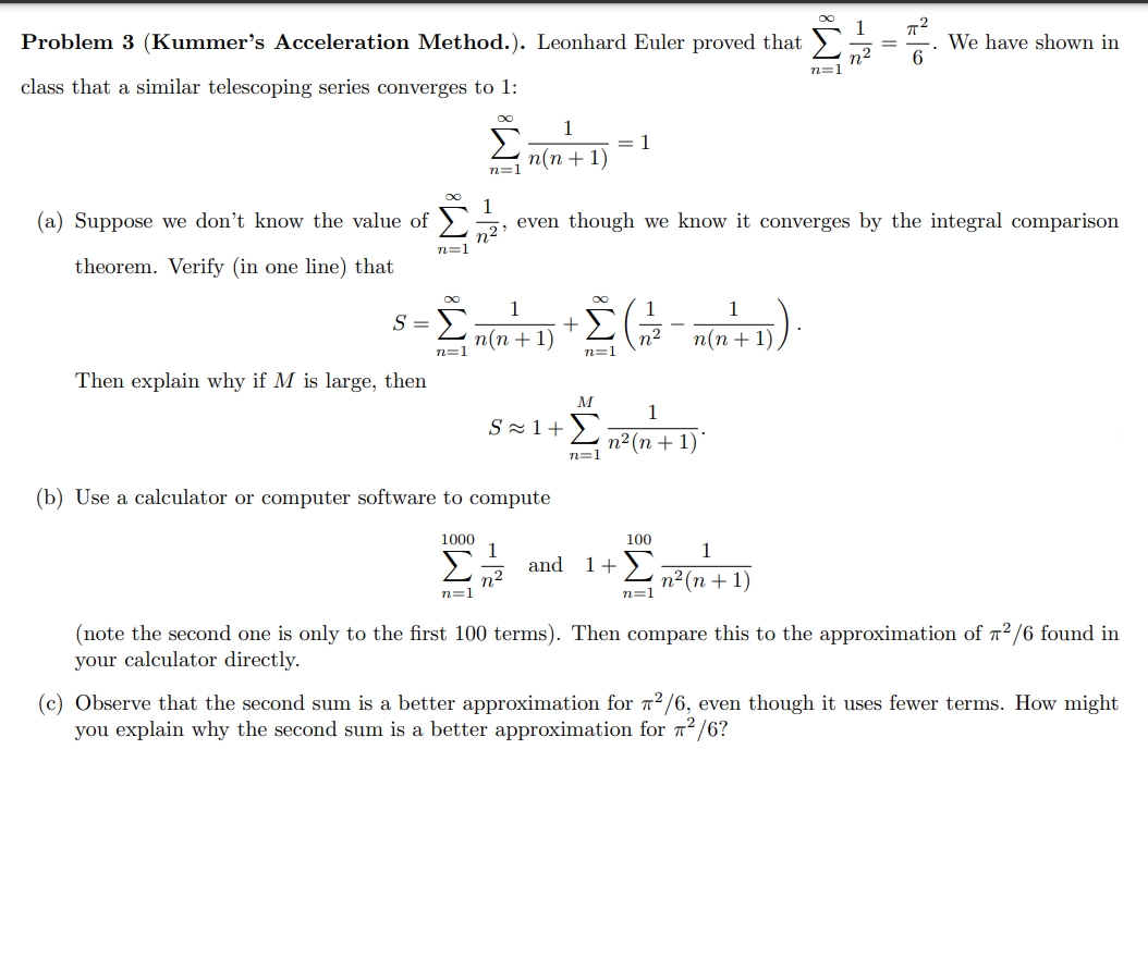 Solved 72 Problem 3 (Kummer's Acceleration Method.). | Chegg.com