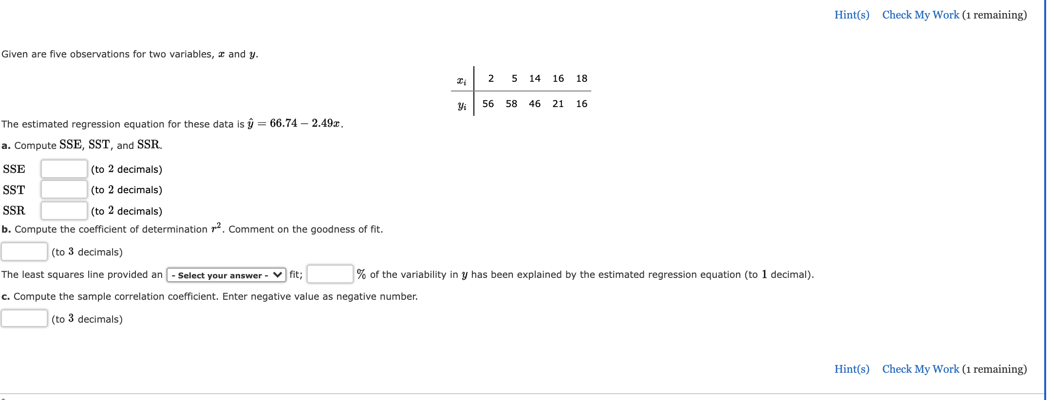 Solved Hint(s) Check My Work (1 remaining) Given are five | Chegg.com
