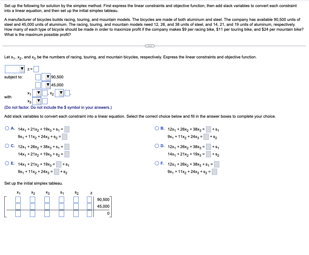 Solved Set up the following for solution by the simplex | Chegg.com