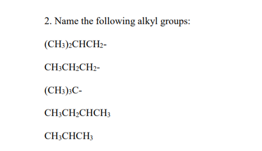 Solved 2. Name the following alkyl groups: (CH3)2CHCH2- | Chegg.com
