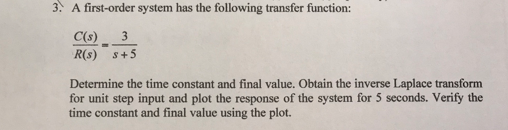 Solved 3. A first-order system has the following transfer | Chegg.com