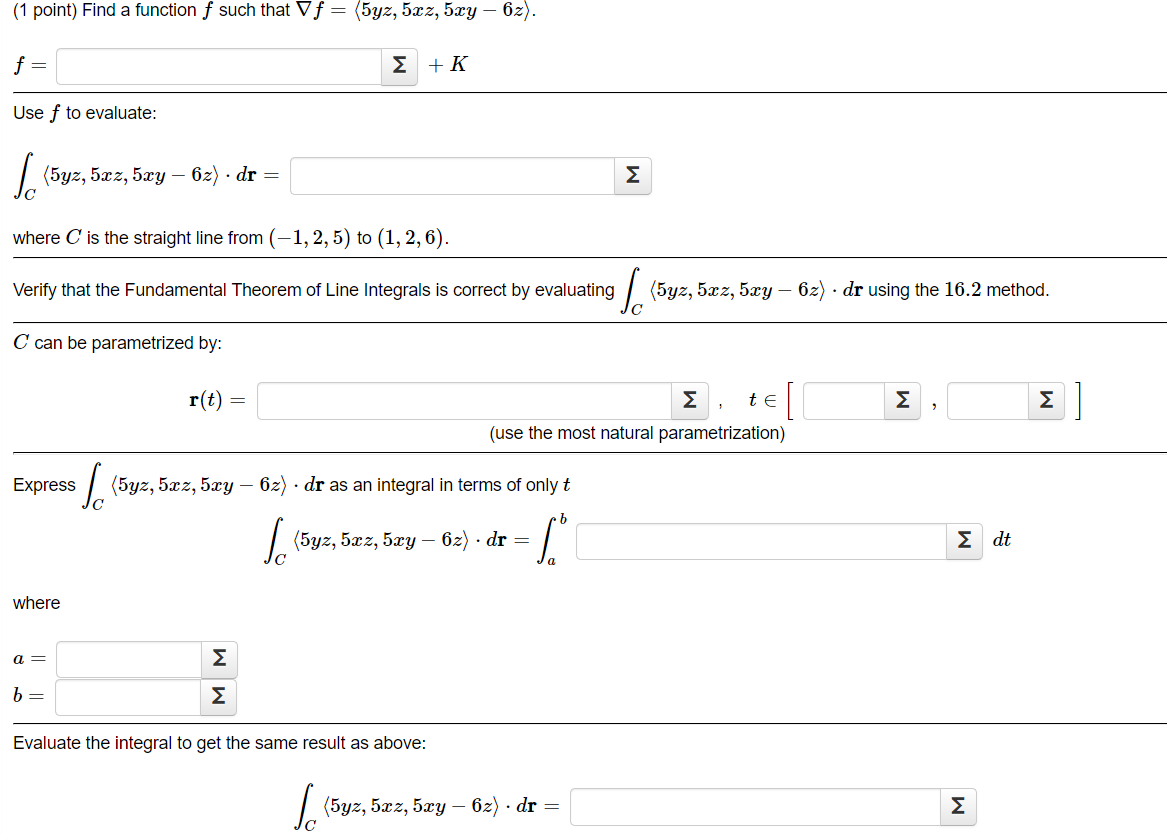 Solved (1 point) Find a function f such that f = (5yz, | Chegg.com