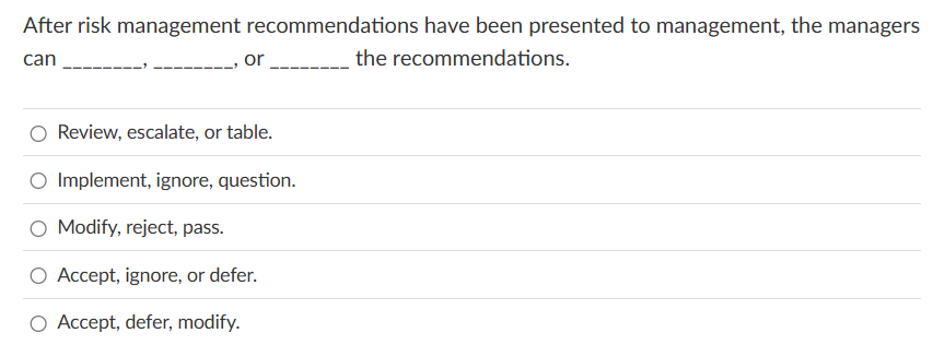 Solved After risk management recommendations have been | Chegg.com