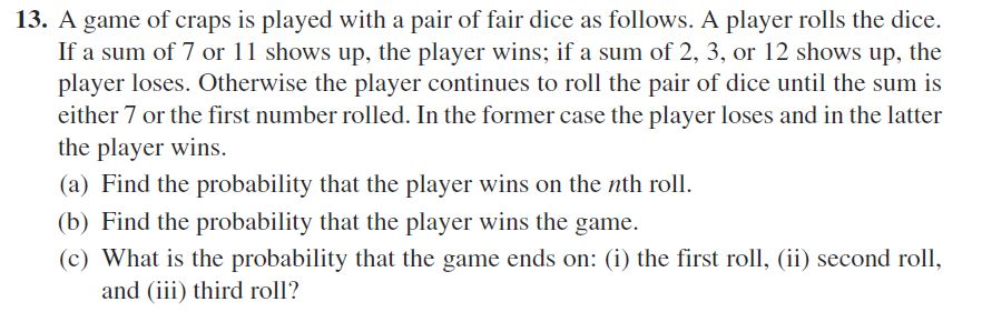 Solved 13. A game of craps is played with a pair of fair | Chegg.com