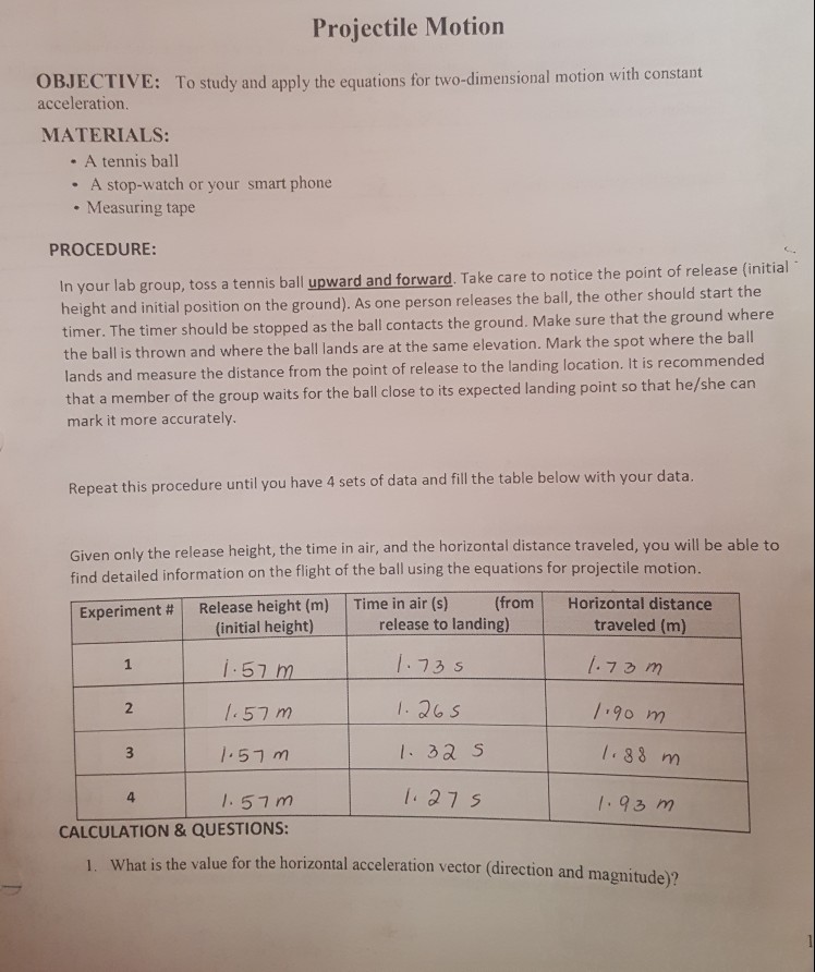 Solved Projectile Motion OBJECTIVE: acceleration To study | Chegg.com