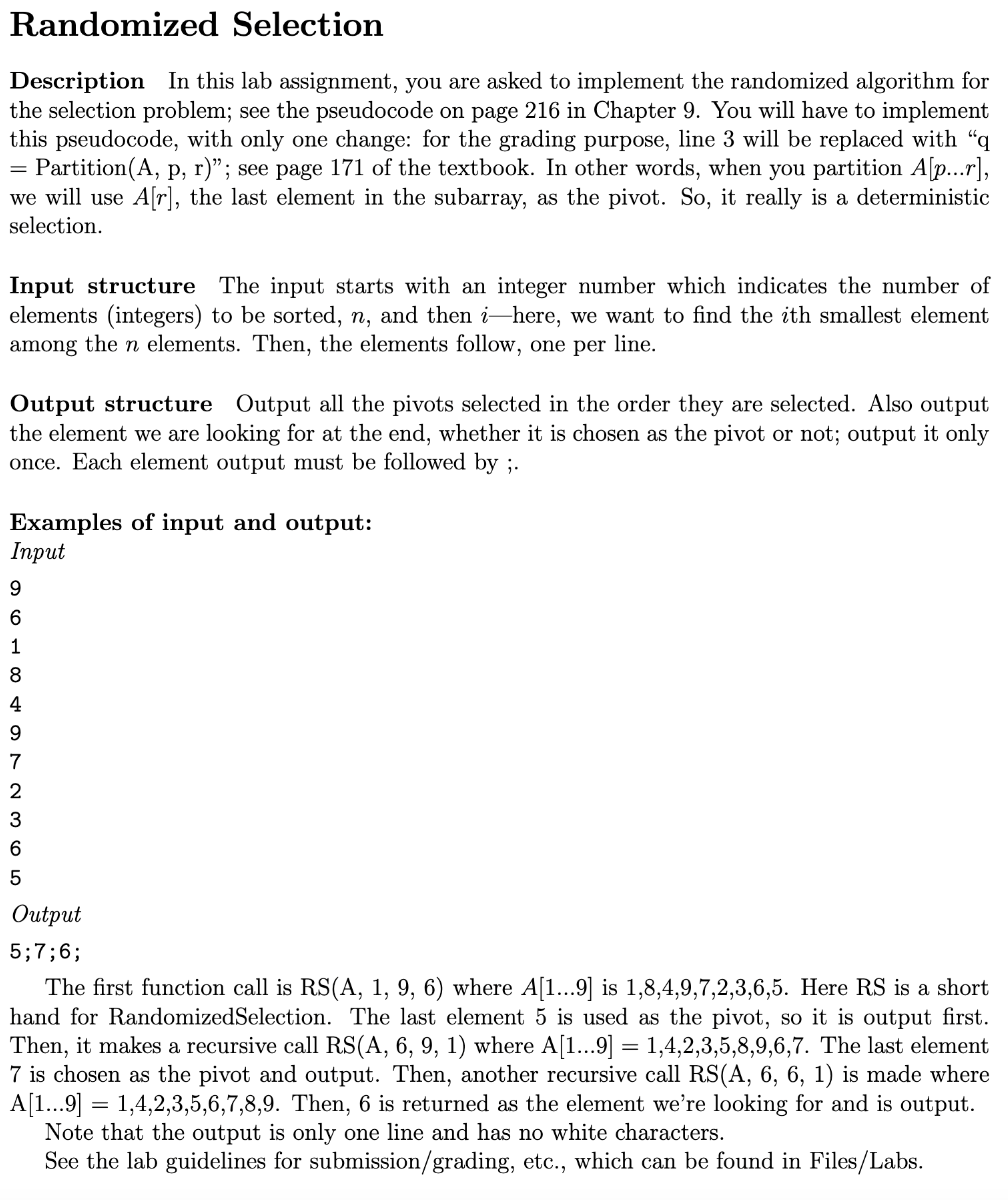 Randomized Selection Description In this lab | Chegg.com