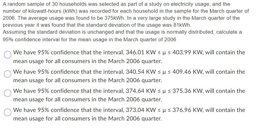 Solved A random sample of 30 households was selected as part | Chegg.com