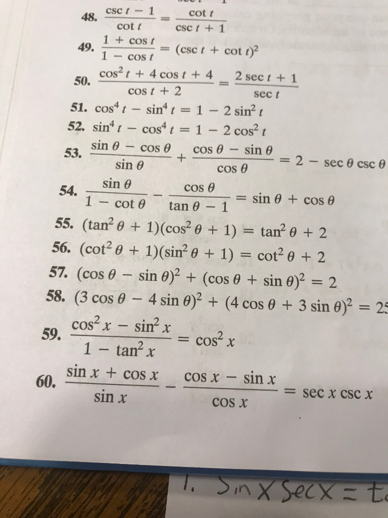 Solved cot t csc t +1 CSC 1 48. cott 1 + cos t = (CSCI + | Chegg.com