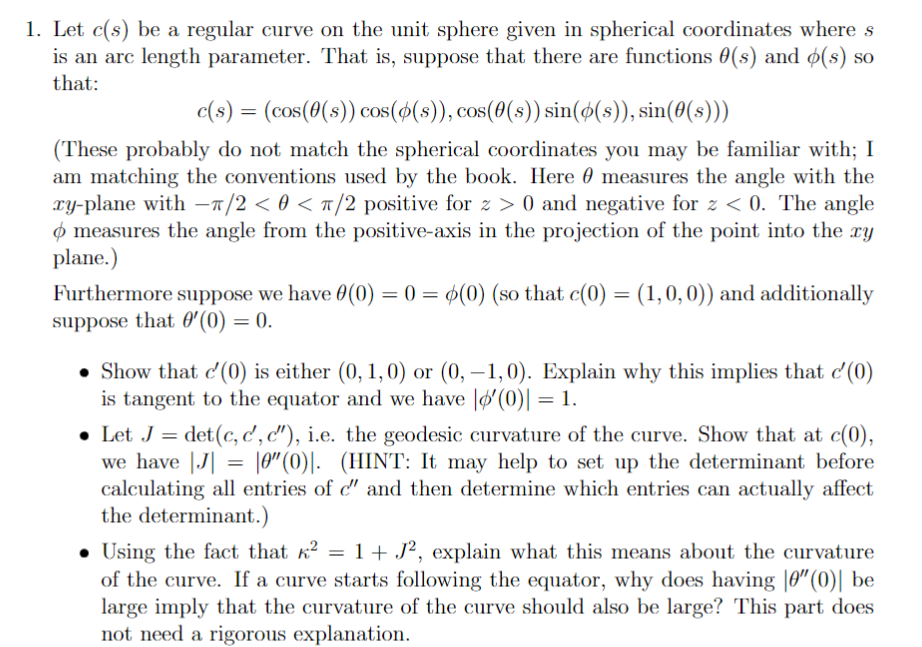 Let c(s) be a regular curve on the unit sphere given | Chegg.com