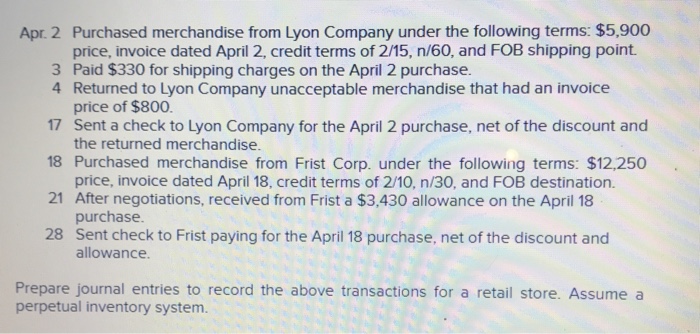 Solved Purchased merchandise from Lyon Company under the | Chegg.com