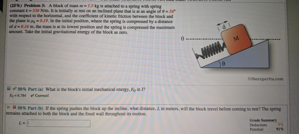Solved (25%) Problem 3: A block of mass m :1,5 kg is | Chegg.com