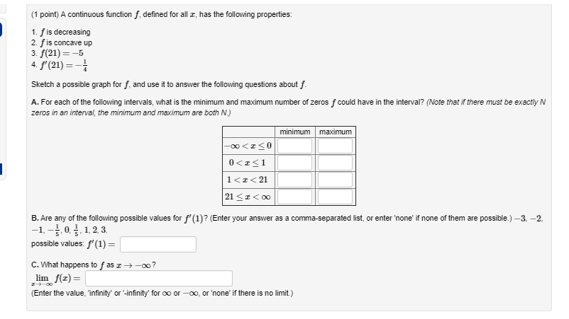 Solved (1 point) A continuous function f, defined for all z, | Chegg.com