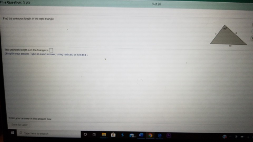 Solved find the unknown lengthe in the right triangle 9 ,19, | Chegg.com