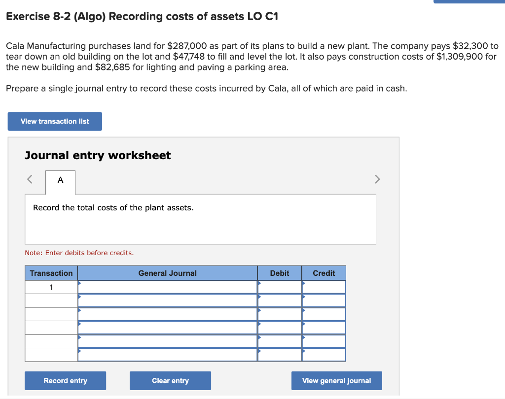 Solved Exercise 8-2 (Algo) Recording costs of assets LO C1 | Chegg.com