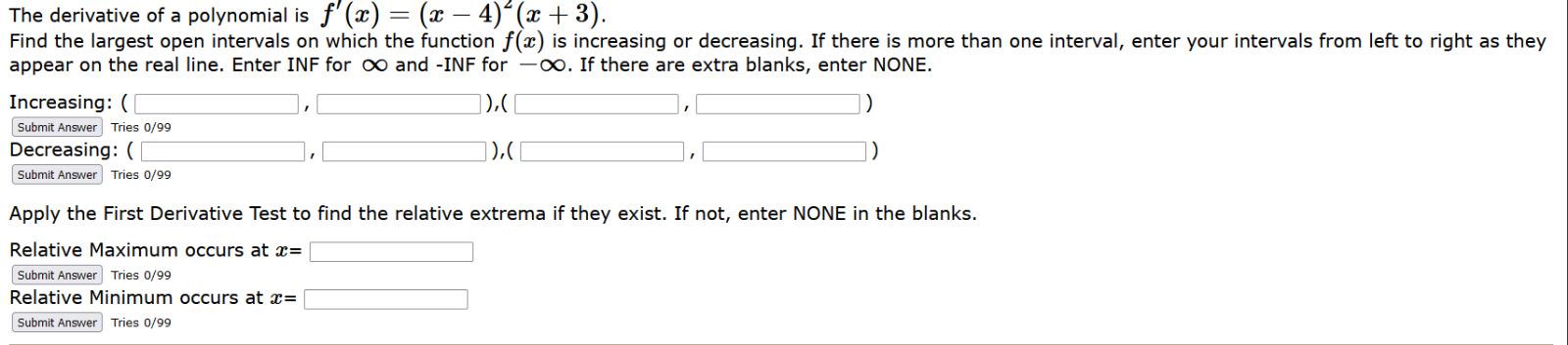 Solved The derivative of a polynomial is f′(x)=(x−4)2(x+3). | Chegg.com