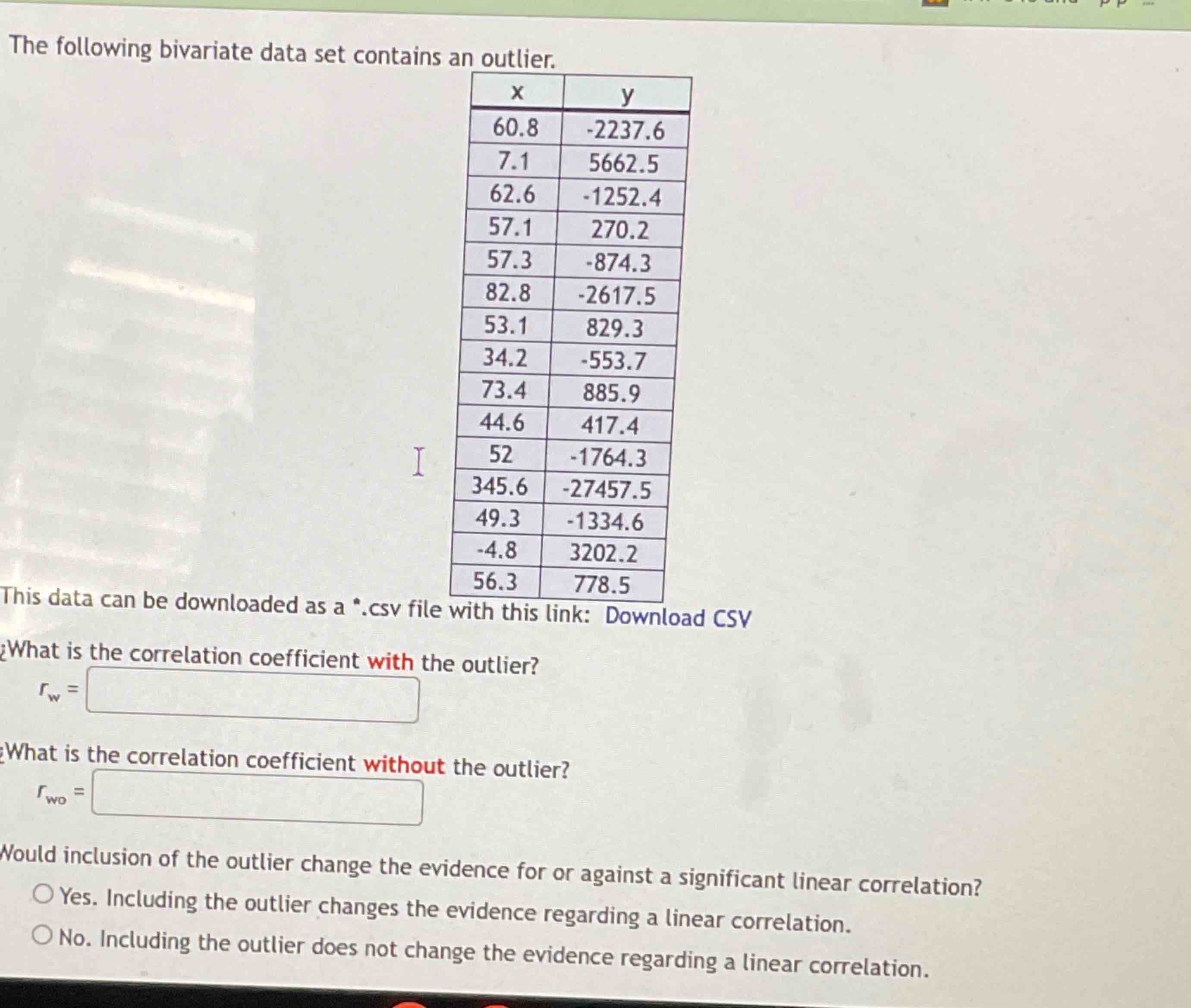 Solved The following bivariate data set contains an | Chegg.com