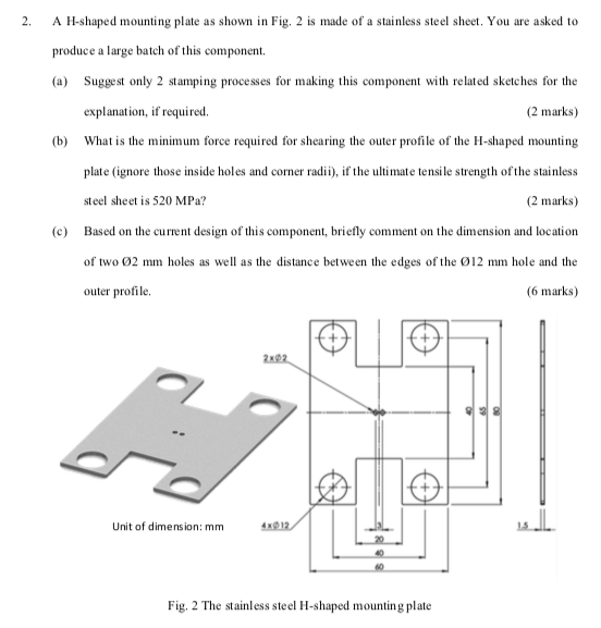 Solved 2. A H-shaped mounting plate as shown in Fig, 2 is | Chegg.com