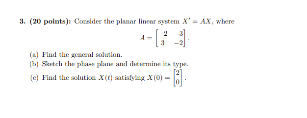 Solved 3. (20 points): Consider the planar linear system | Chegg.com