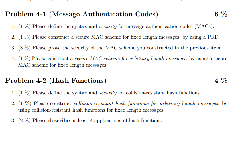 Solved Problem 4-1 (Message Authentication Codes) 6 % 1. (1 | Chegg.com