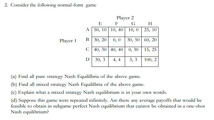Solved 2. Consider the following normal-form game Player 2 F | Chegg.com