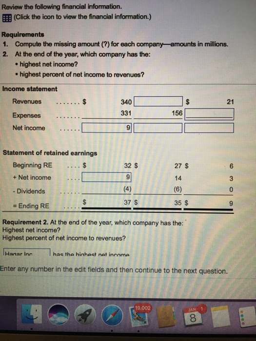 Solved Review the following financial information. 囲(click | Chegg.com