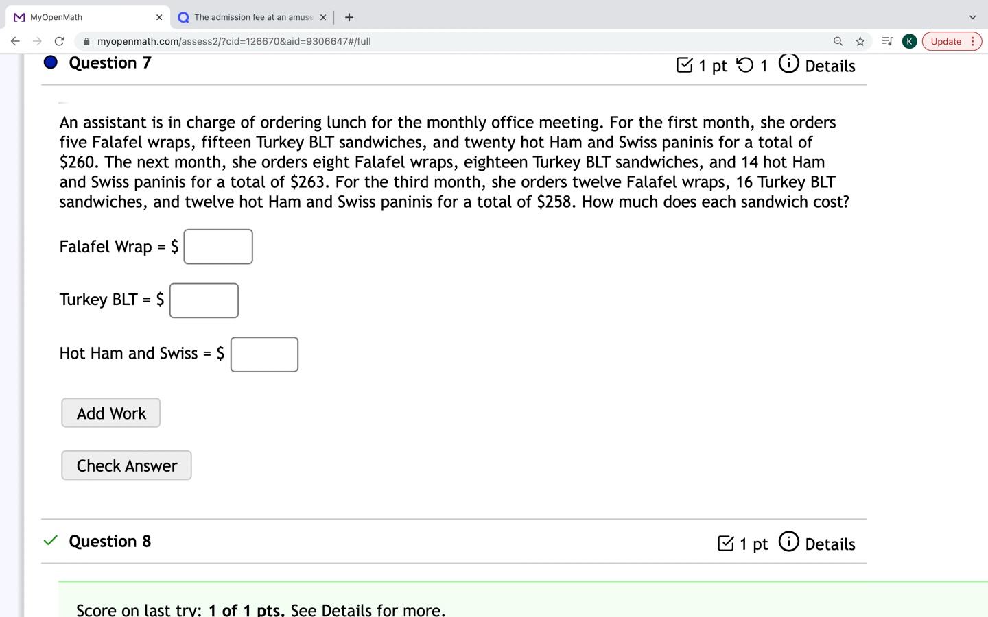 Solved M MyOpenMath The admission fee at an amuse X + Es | Chegg.com
