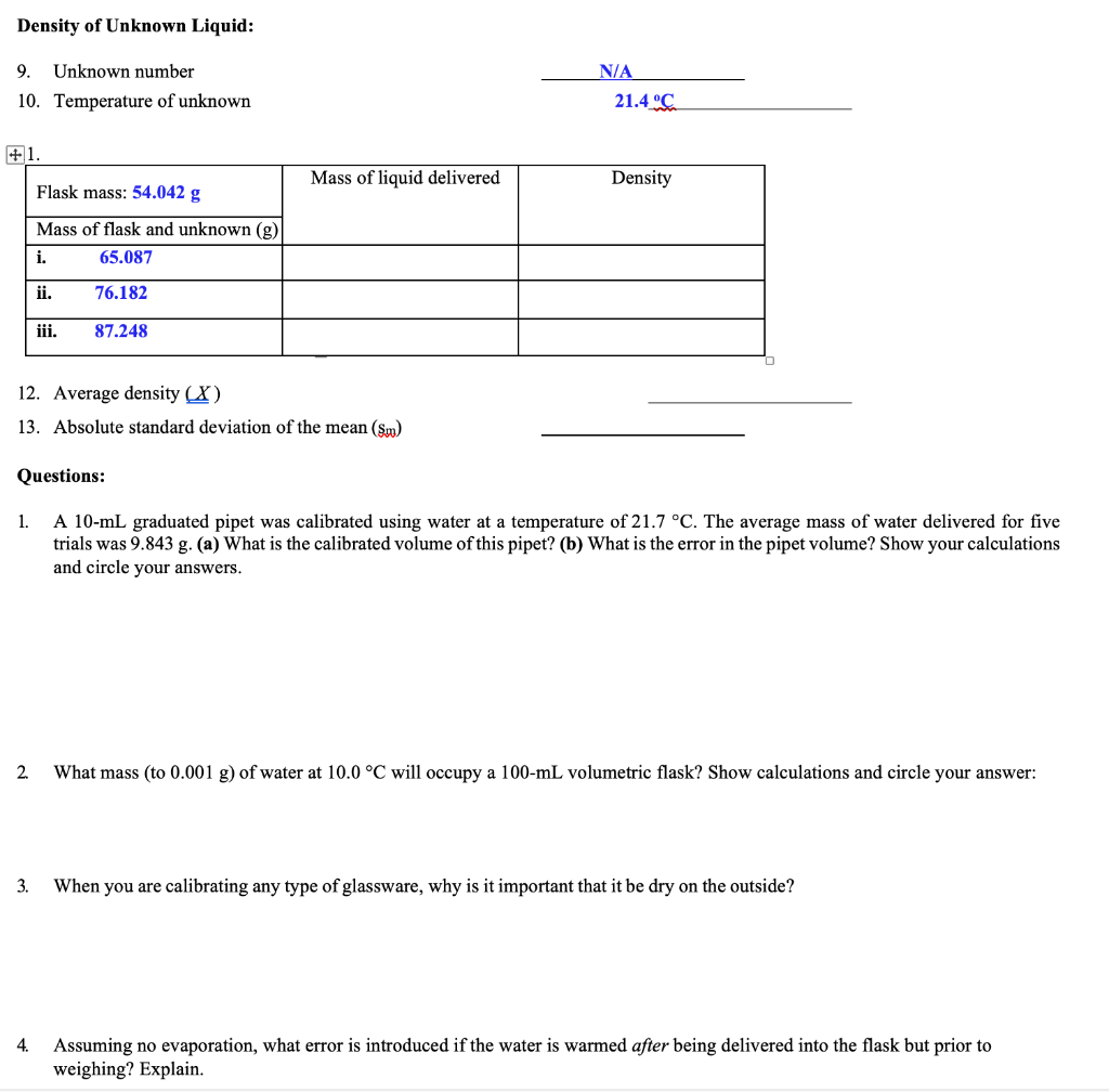 Solved Density of Unknown Liquid: 9. Unknown number 10. | Chegg.com