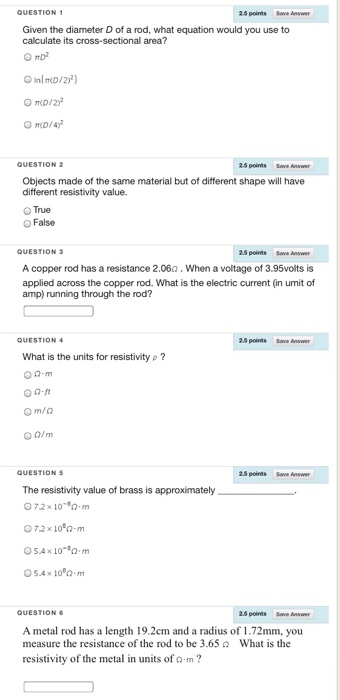 Solved 25 points Save Aeswer Given the diameter D of a rod, | Chegg.com
