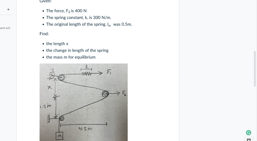 Solved - The force, F2 is 400 N - The spring constant, k, is | Chegg.com