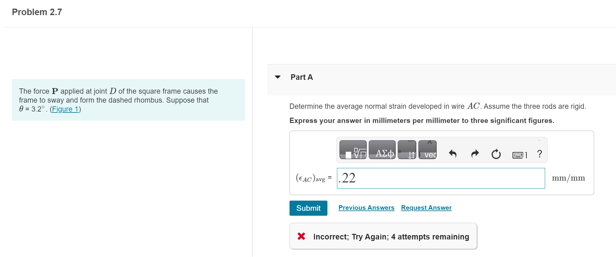 The force P applied at joint D of the square frame | Chegg.com