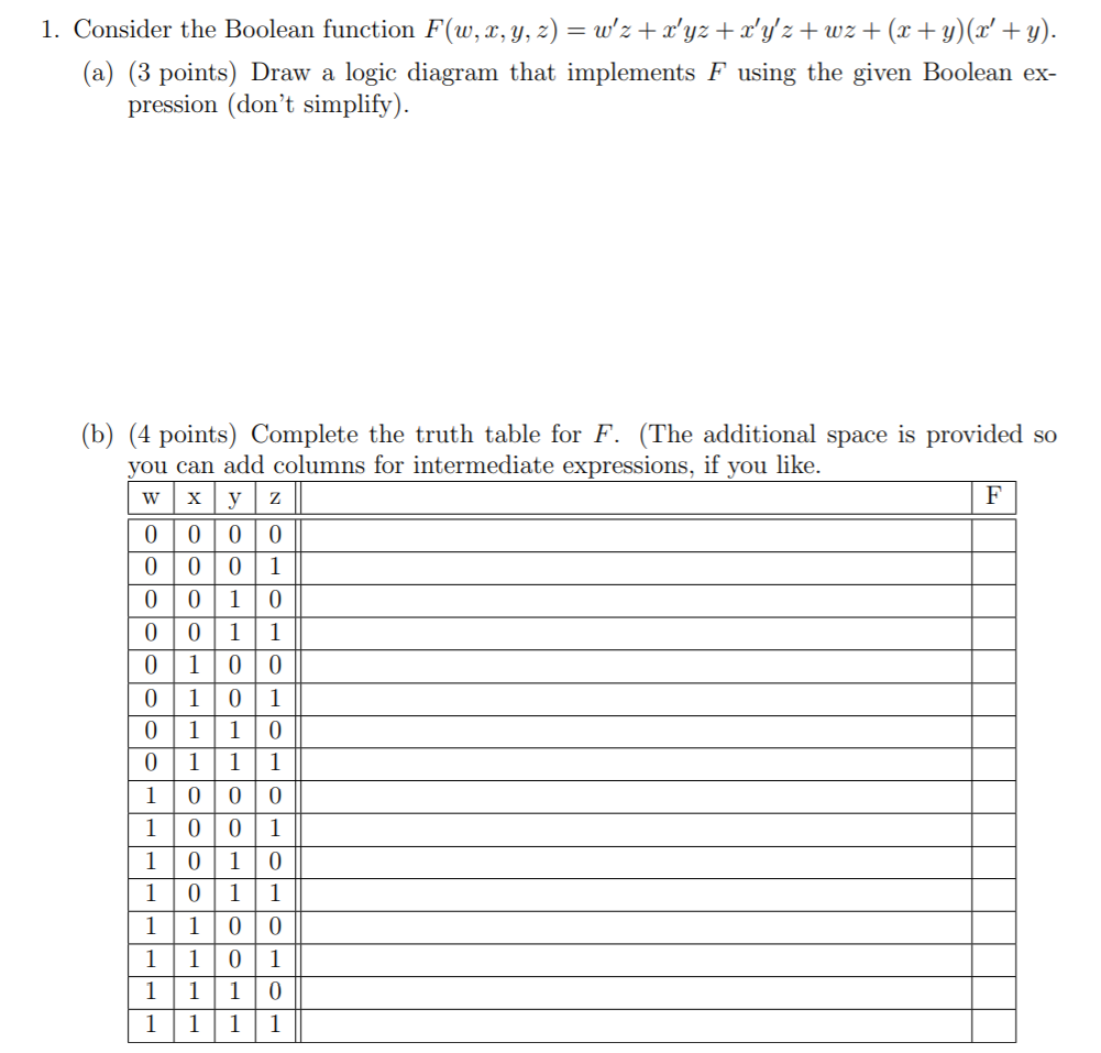 Solved 1. Consider the Boolean function F(w,x, y, z) = w'z + | Chegg.com