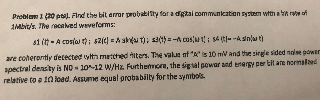 Problem 1 (20 pts). Find the bit error probability | Chegg.com
