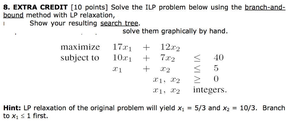 Solved 8. EXTRA CREDIT [10 points] Solve the ILP problem | Chegg.com