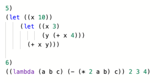 Solved 5) ( let ⎝⎛⎝⎛x( let ((x3)(+xy)))10))(y(+x4))) 6) | Chegg.com