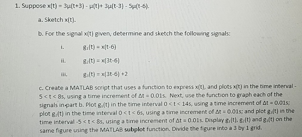 Solved 1. Suppose x(t) -3u(t+3) H(t)+ 3H(t-3)-5H(t-6) a. | Chegg.com