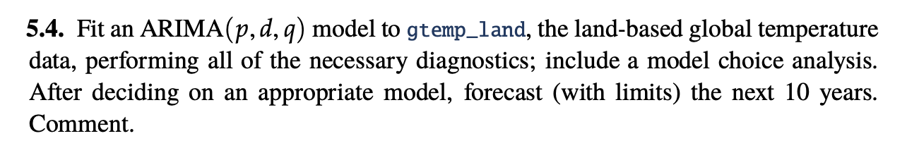 Solved a 5.4. Fit an ARIMA(p, d, q) model to gtemp_land, the | Chegg.com